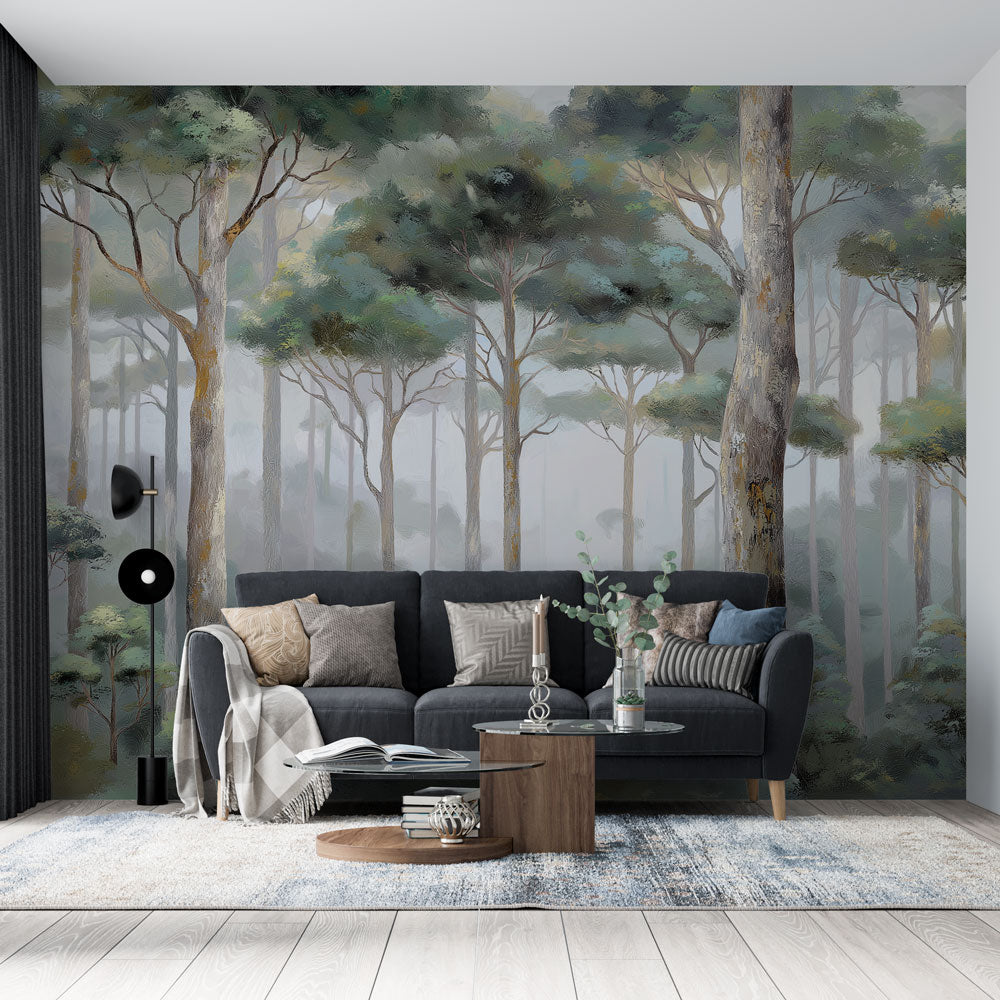 Foto Behang mistig bos | Majestueuze bomen en zachte bladeren — WonderMural