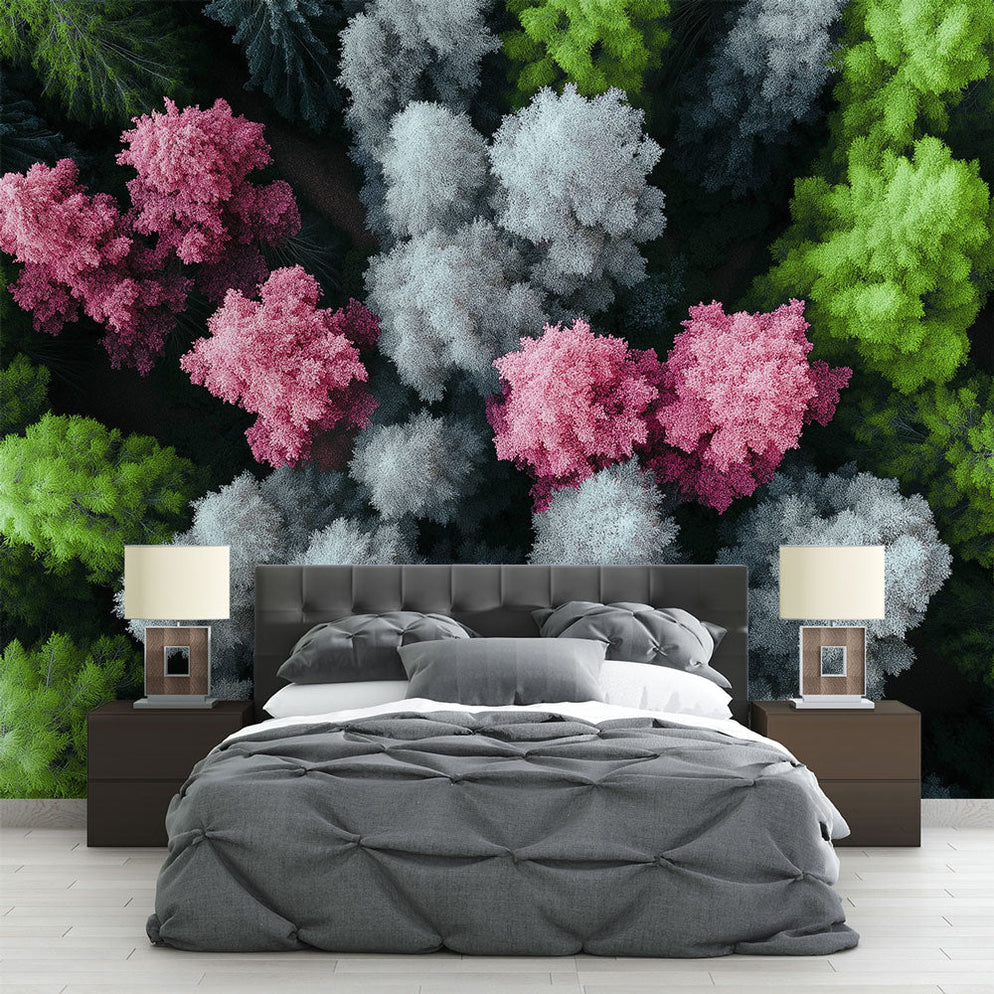 Mural Wallpaper colorful forest | Lush pink and green trees — WonderMural