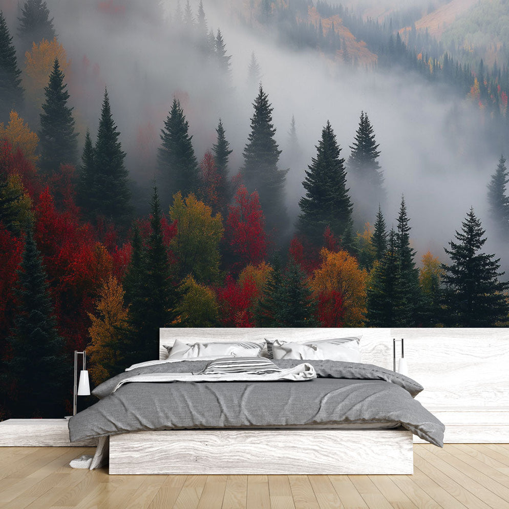 Mural Wallpaper autumn forest | Colorful trees surrounded by mist ...