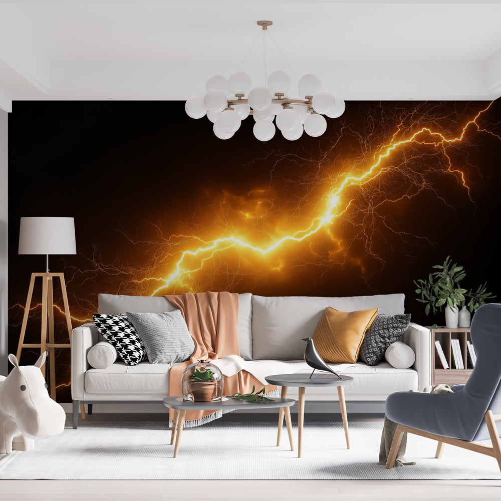 Mural Wallpaper lightning | Golden lightning on dark background ...