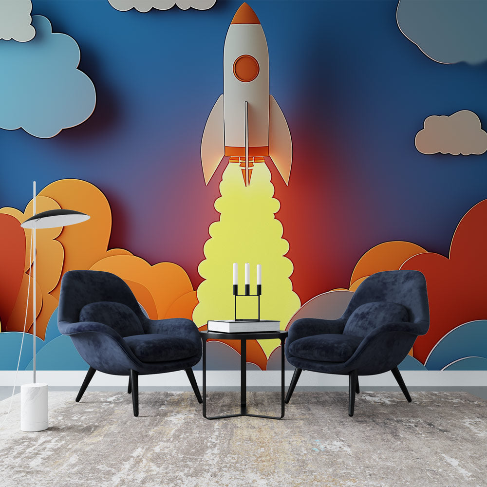 Mural Wallpaper rocket | Playful takeoff amidst colorful clouds ...