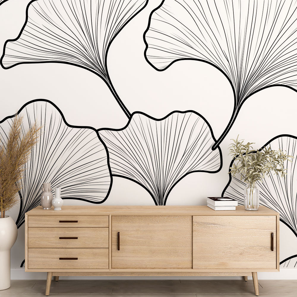 Mural Wallpaper gingko | Elegant pattern of gingko leaves in black and ...