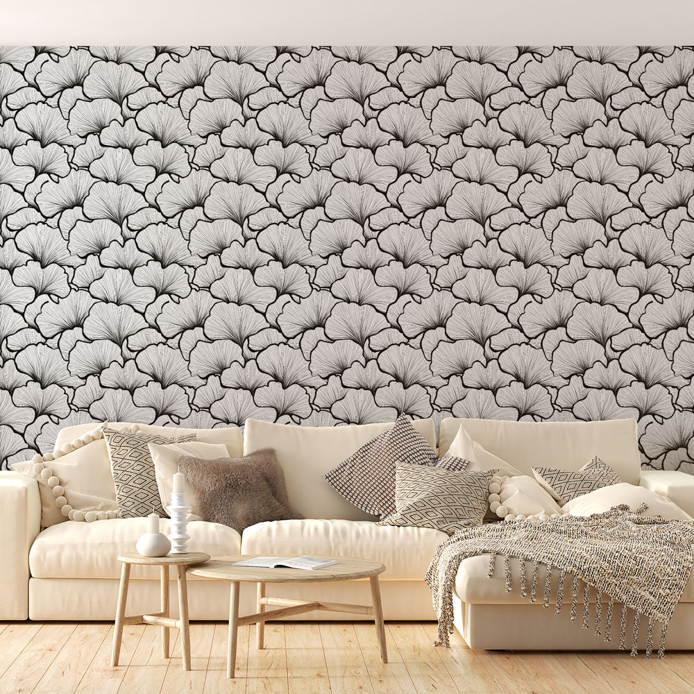 Foto Behang ginkgo biloba | Motief ginkgo delicaat getekend in zwart e ...