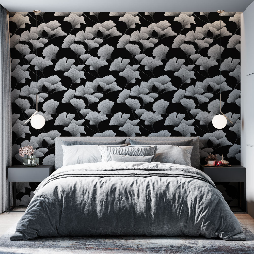 Foto Behang ginkgo blanc | Elegant motief van ginkgo bladeren op een z ...