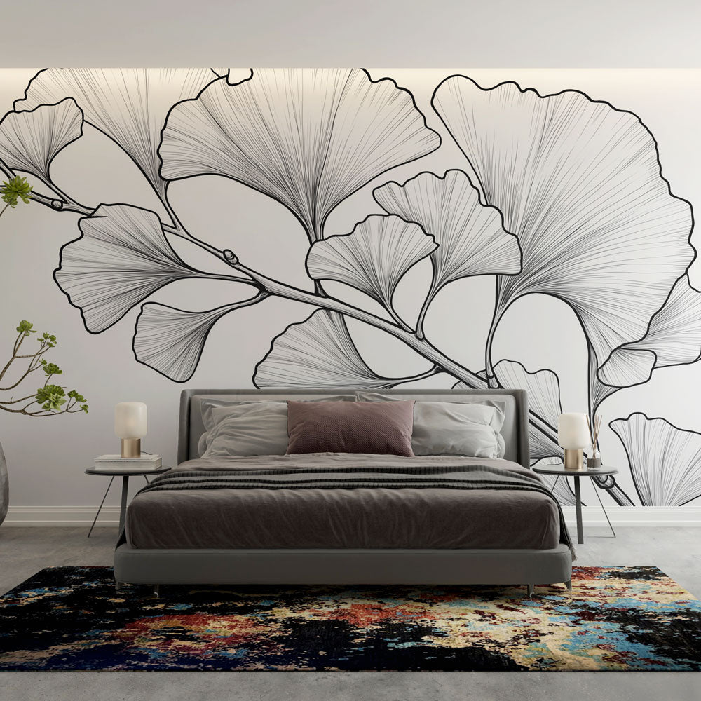 Mural Wallpaper ginkgo | Elegant linear design of ginkgo leaves ...