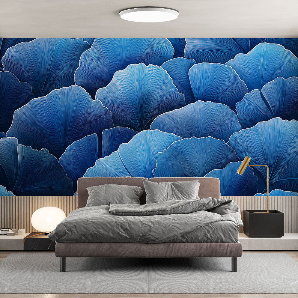 Mural Wallpaper ginkgo | Bright blue ginkgo leaves in overlay — WonderMural