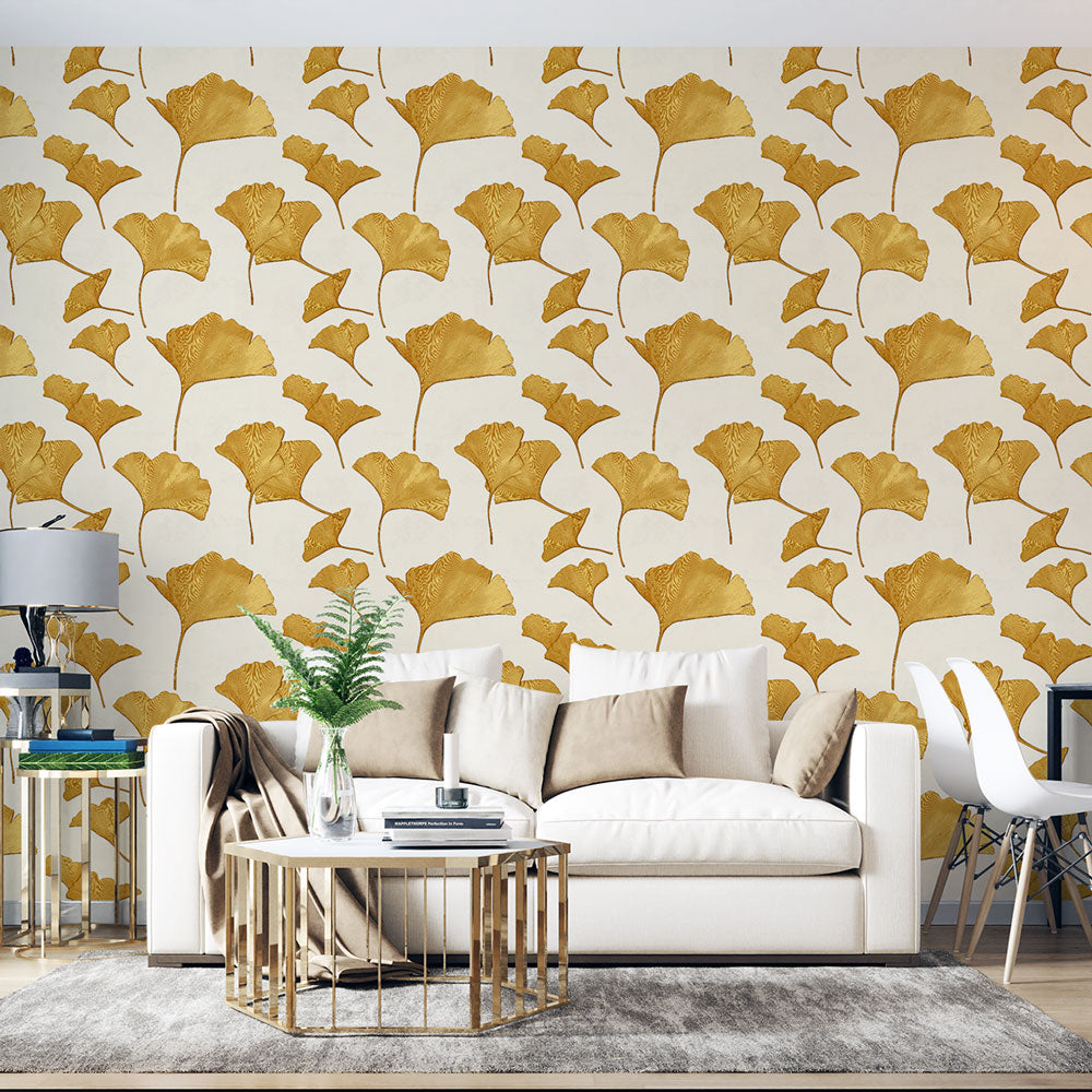 Mural Wallpaper ginkgo | Motif of golden ginkgo leaves on a cream back ...