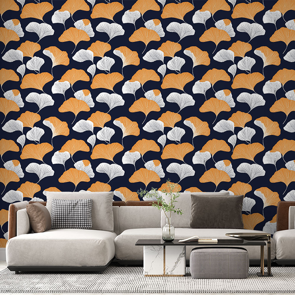 Mural Wallpaper ginkgo | Motif de feuilles de ginkgo orangées et blanc ...