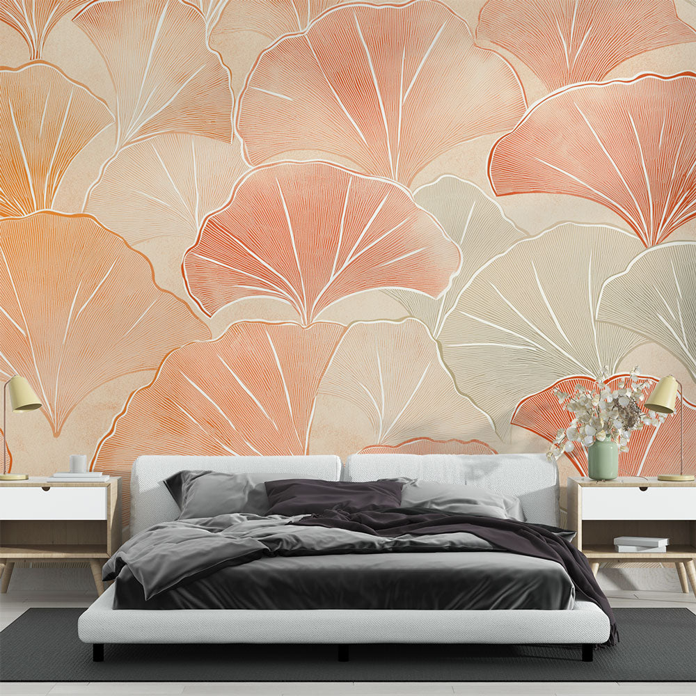 Mural Wallpaper ginkgo | Elegant pattern of ginkgo leaves in warm tone ...
