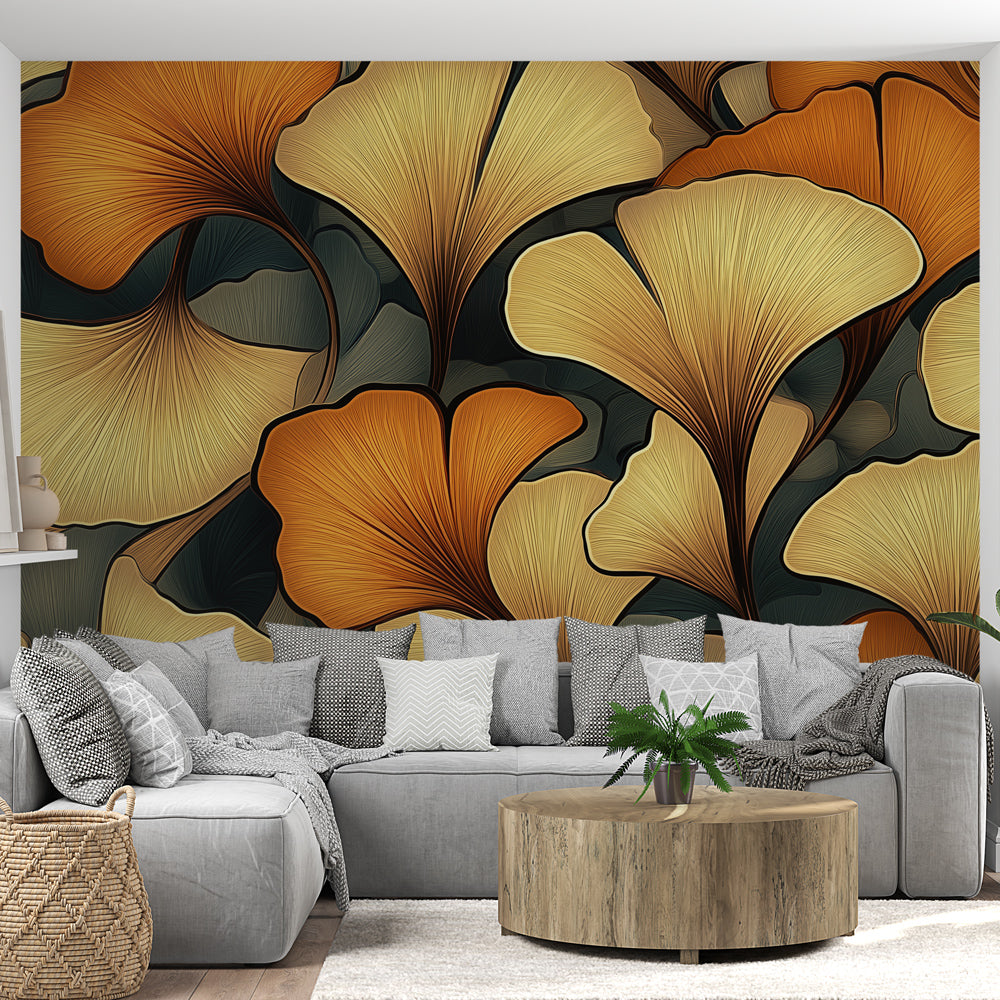 Mural Wallpaper ginkgo | Elegant pattern of ginkgo leaves in gold and ...