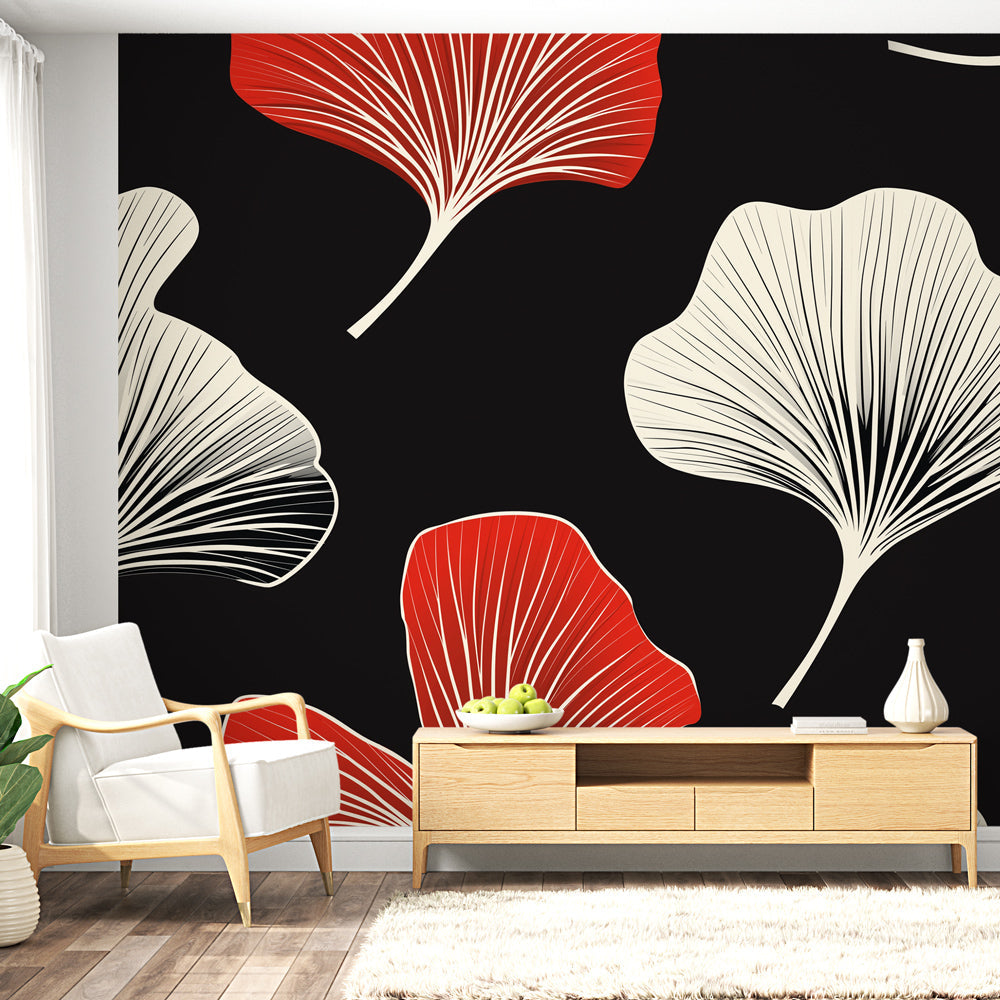 Mural Wallpaper ginkgo | Graphic pattern of red and white leaves on a ...