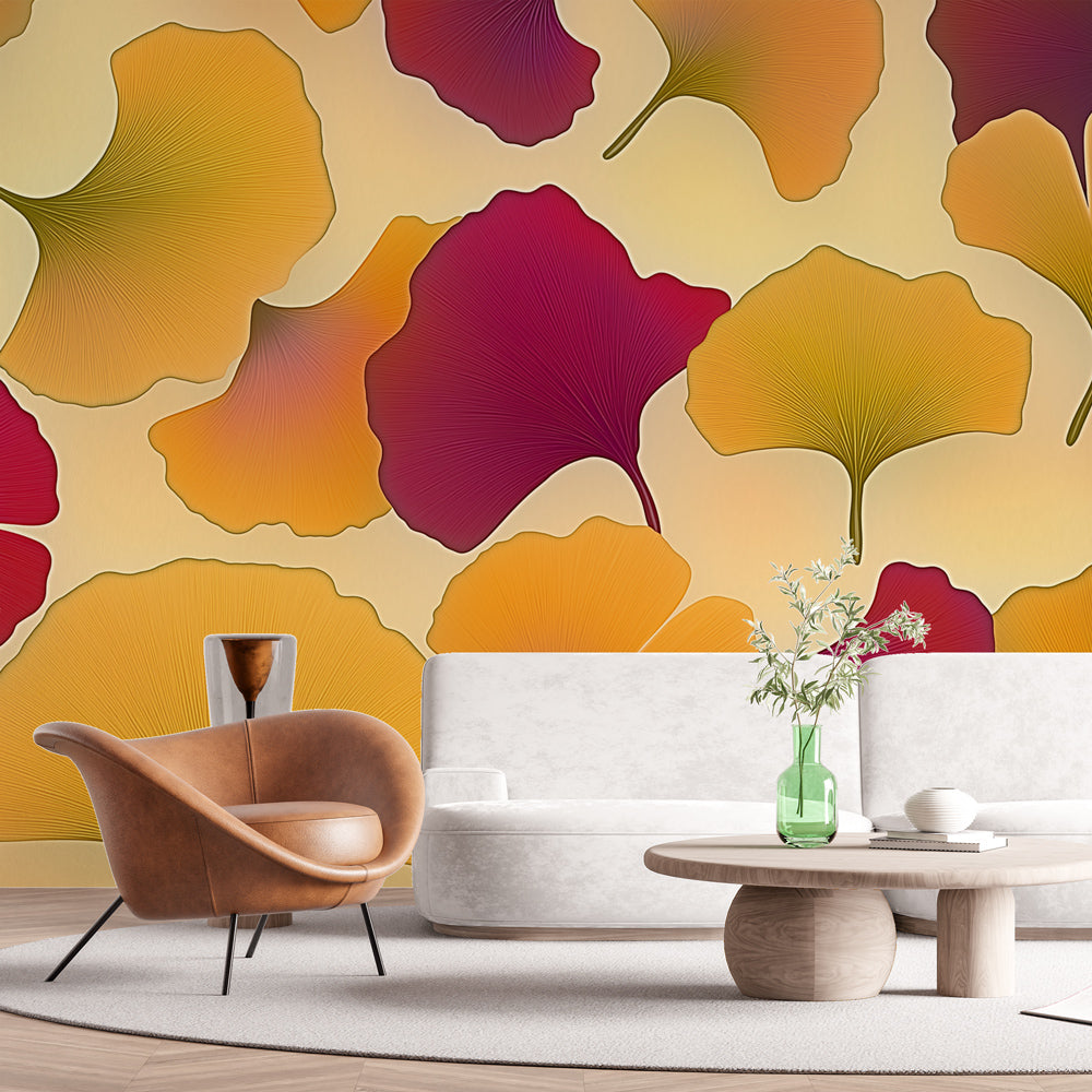 Mural Wallpaper ginkgo | Ginkgo leaf patterns in a gradient of bright ...