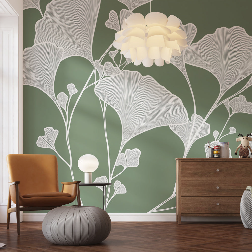 Mural Wallpaper ginkgo | Delicate ginkgo leaf patterns on a green back ...