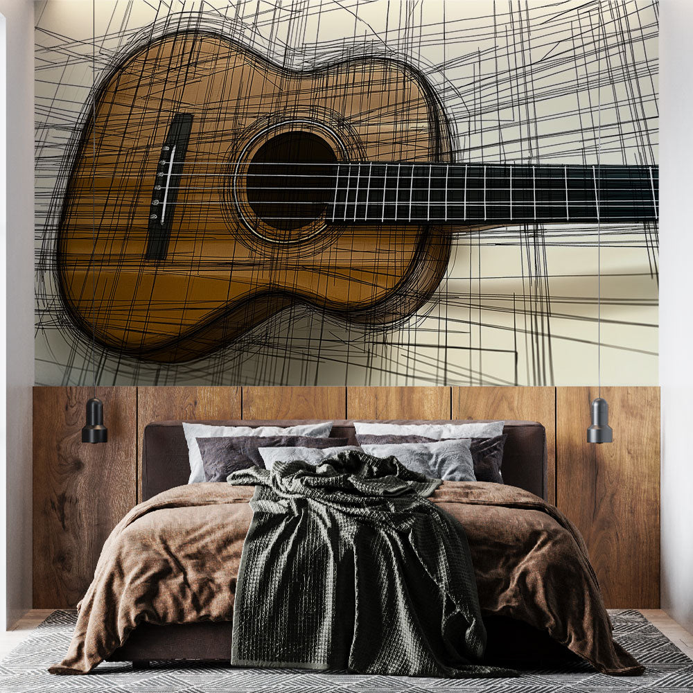 Mural Wallpaper guitar | Stylized design of a wooden guitar in a graph ...