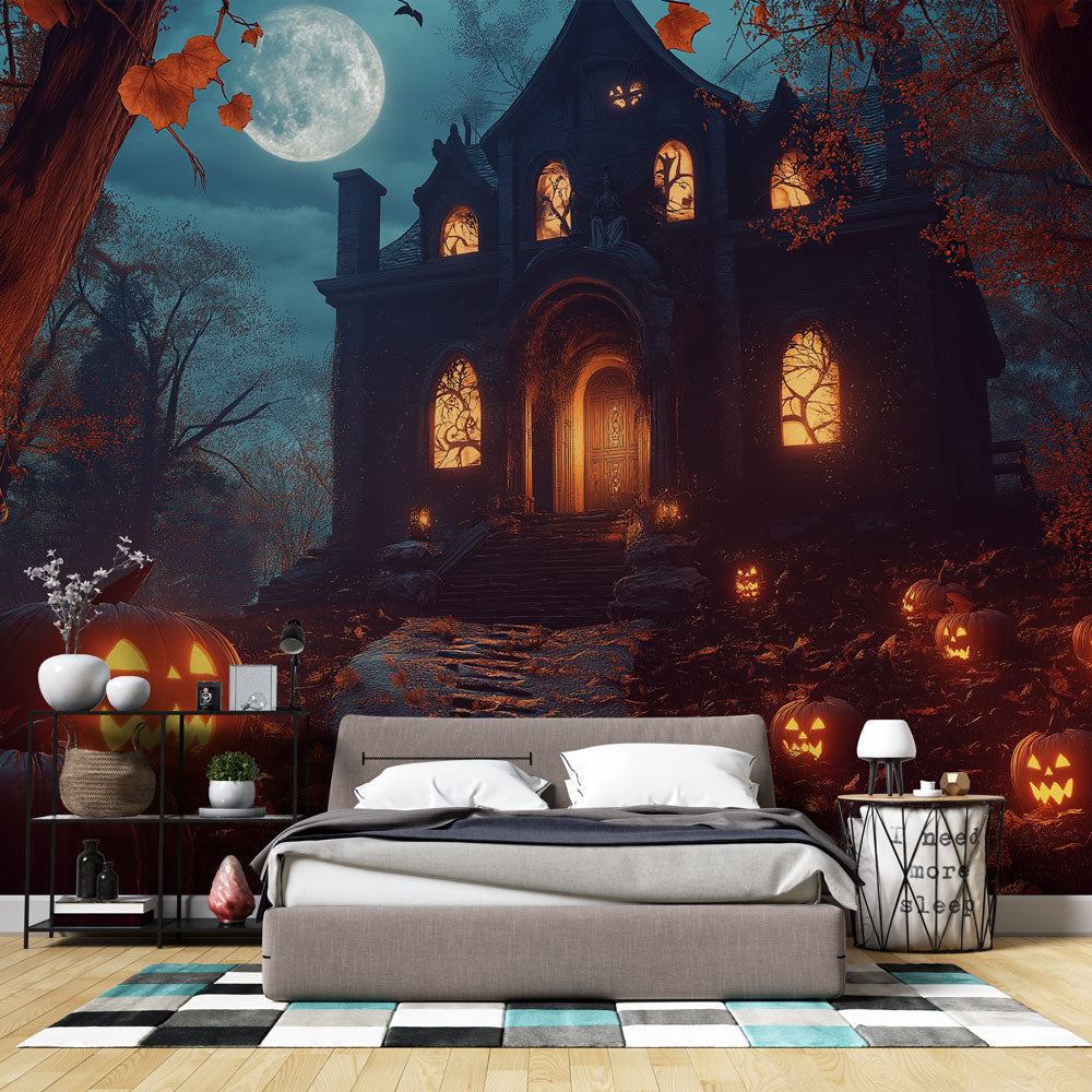 Mural Wallpaper Halloween | Haunted house with glowing pumpkins ...