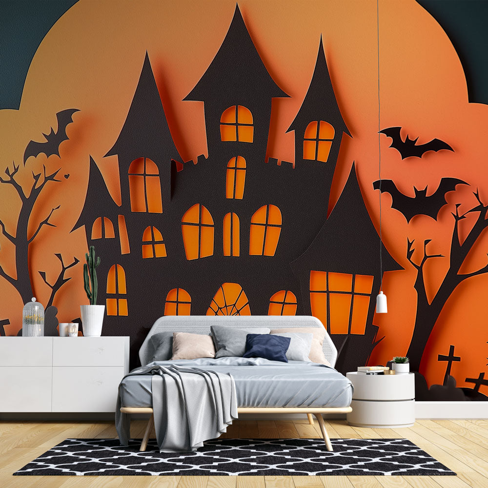 Mural Wallpaper Halloween | Haunted House in Cut Paper — WonderMural