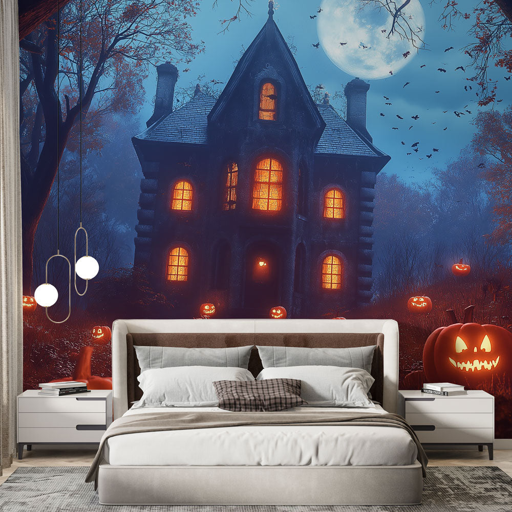 Mural Wallpaper Halloween | Haunted House and Glowing Pumpkins ...