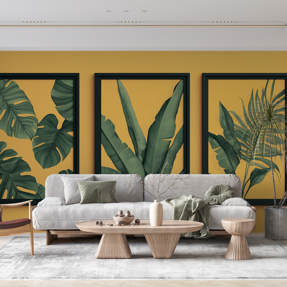 Tapetti jäljitelmämaalaus | Vihreät lehdet eloisalla keltaisella ...