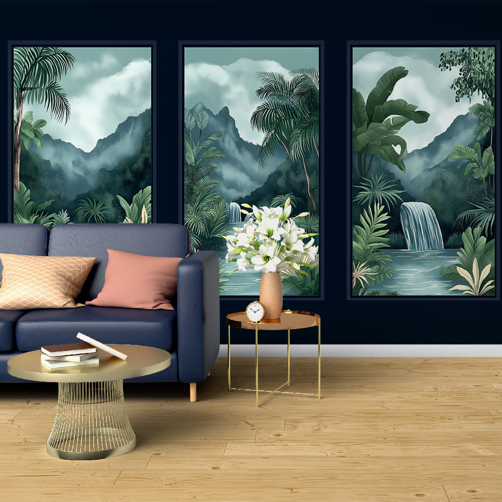 Mural Wallpaper imitation painting | Peaceful jungle scenes with river ...
