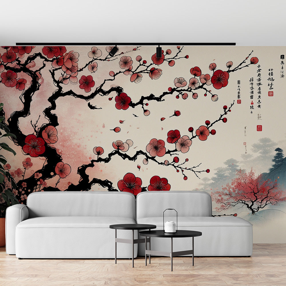 Japanese Cherry Blossom Mural Wallpaper | Red with Japanese Writing ...