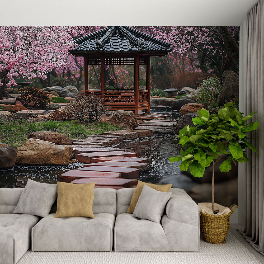 Mural Wallpaper zen garden | A peaceful garden with cherry blossoms an ...