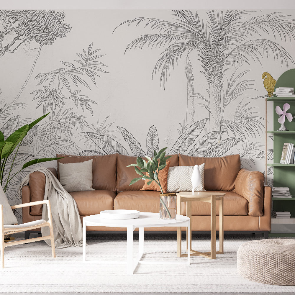 Mural Wallpaper jungle chic | Panoramic in line art — WonderMural