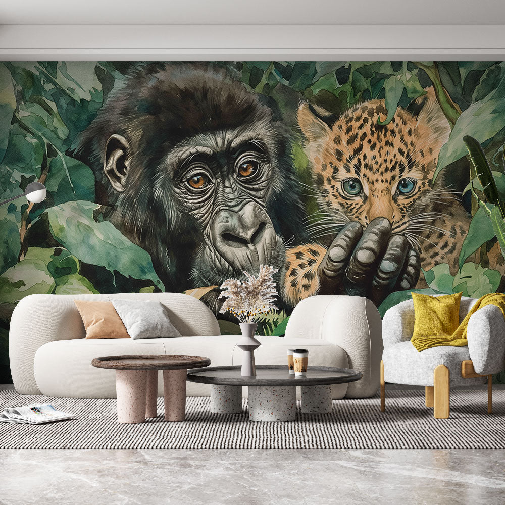 Mural Wallpaper jungle | Chimpanzee and baby leopard — WonderMural