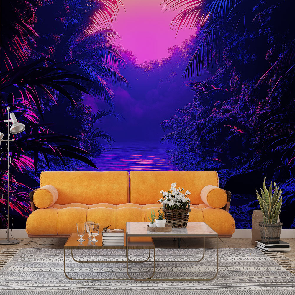 Mural Wallpaper jungle nocturne | Rivière mystique illuminée par des t ...