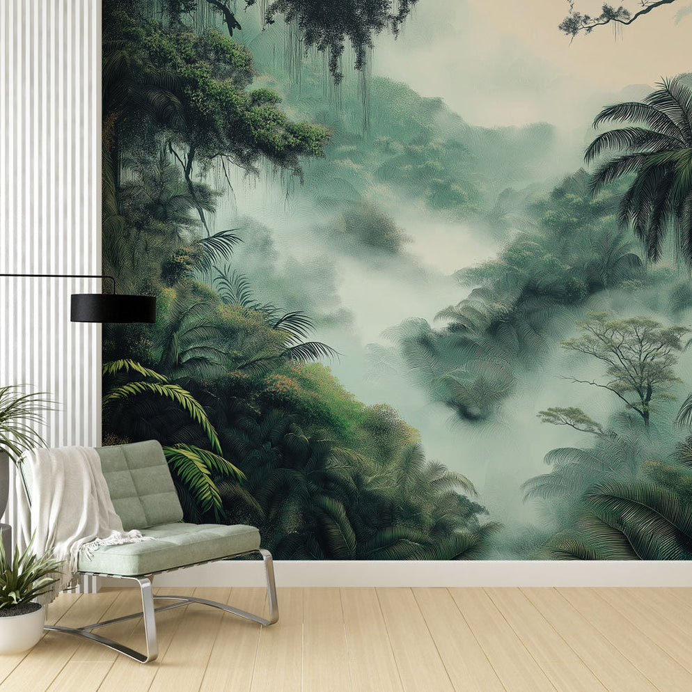 Mural Wallpaper jungle | Misty jungle landscape with palm trees ...