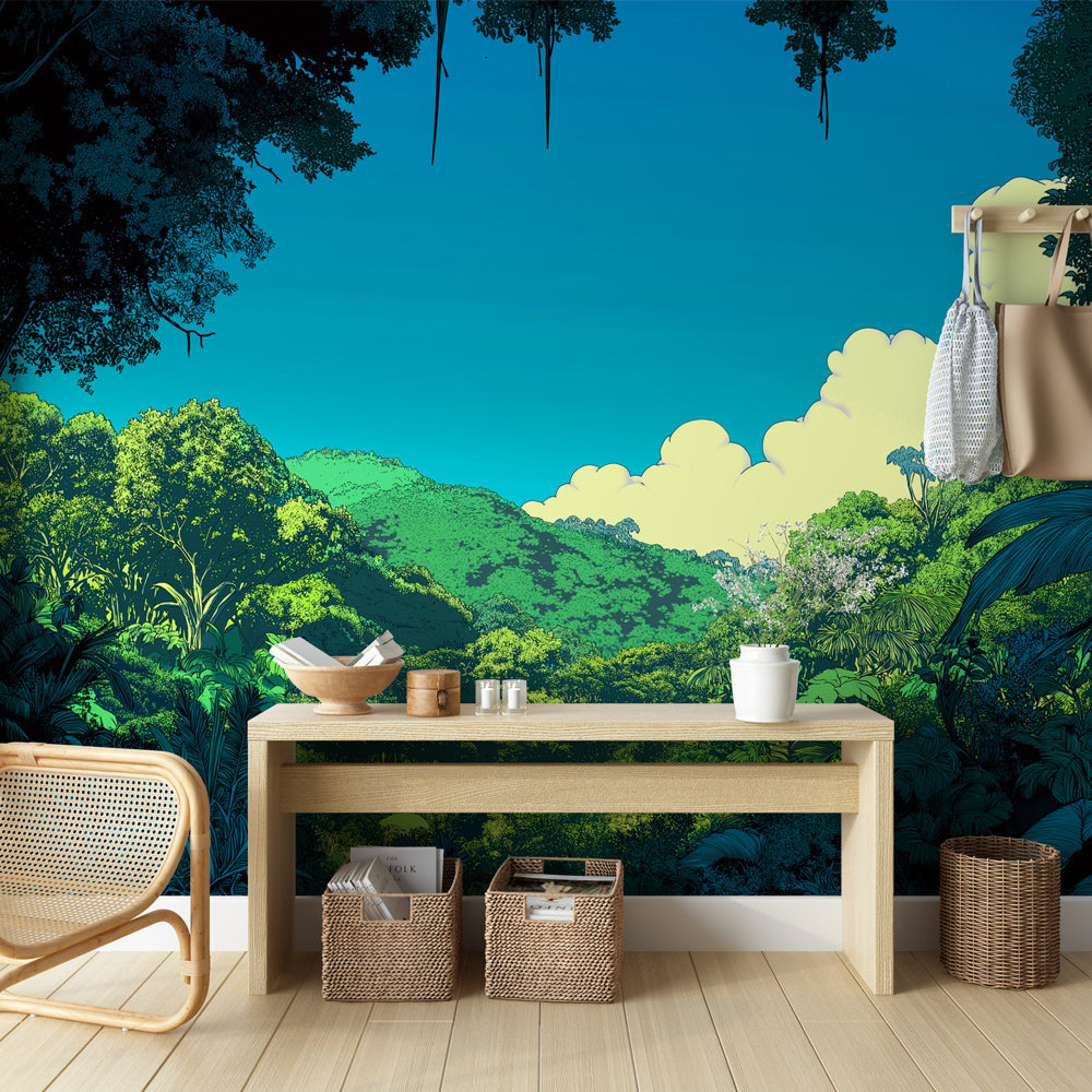 Mural Wallpaper jungle | Lush landscape with vibrant greenery and blue ...