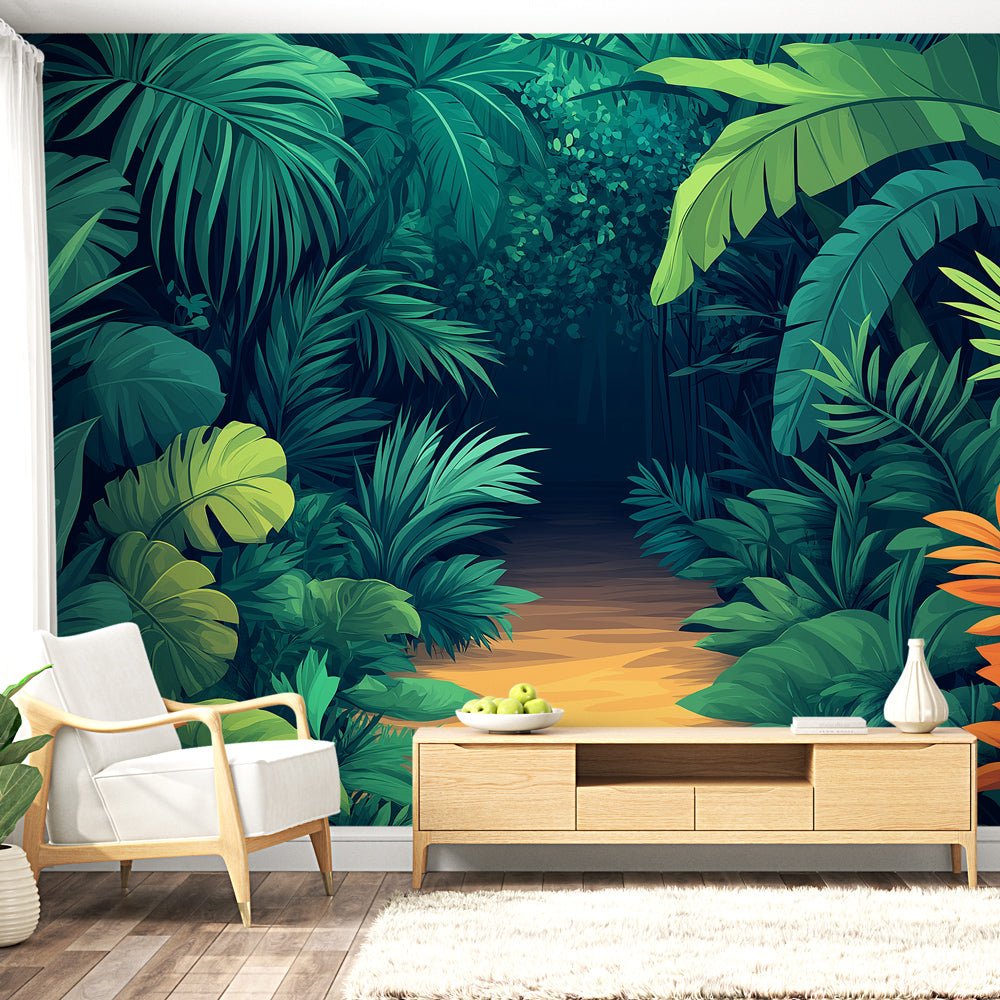 Mural Wallpaper jungle | Golden path surrounded by lush foliage ...
