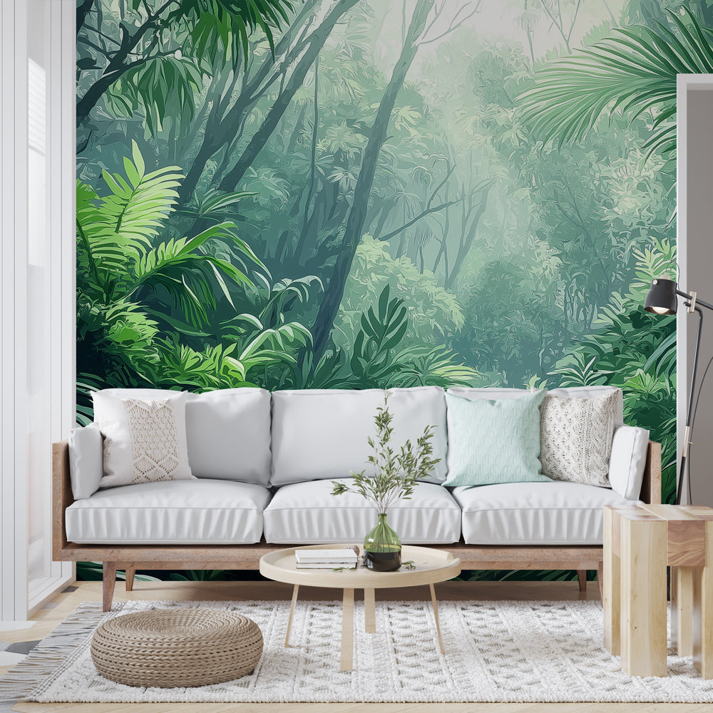 Mural Wallpaper green jungle | Thick tropical forest with lush foliage ...
