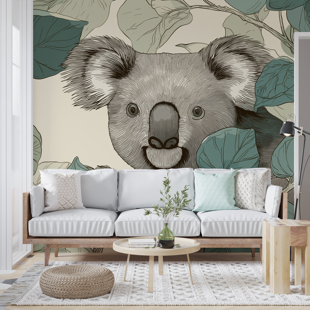Foto Behang koala | Illustratie van een koala omringd door bladeren ...