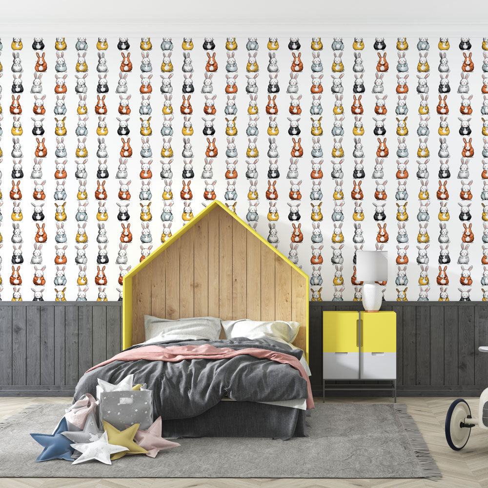 Mural Wallpaper rabbits | Playful motif of colorful rabbits in repetit ...