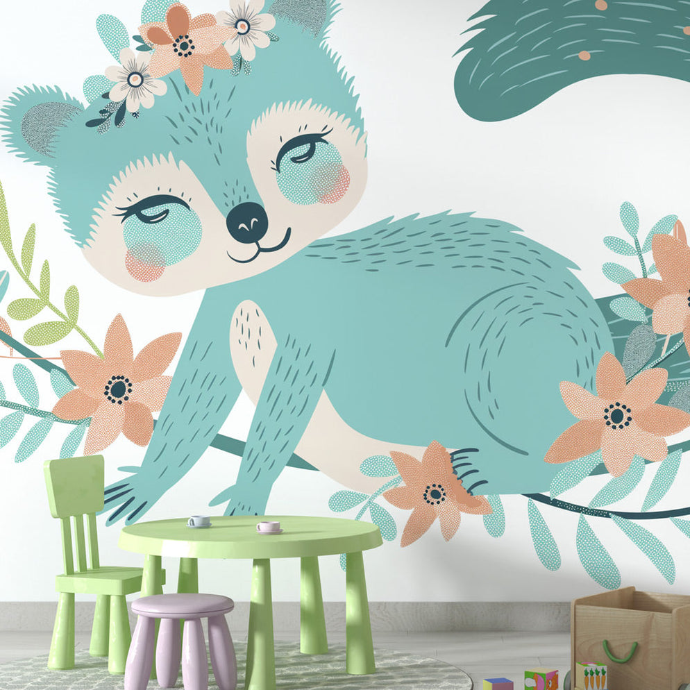 Floral lemur mural wallpaper | All in turquoise — WonderMural