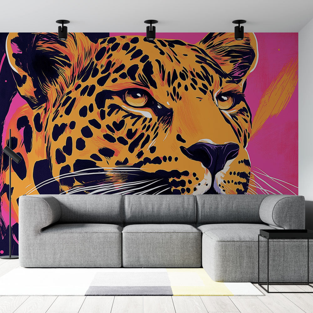 Mural Wallpaper leopard | Stylized leopard face on vibrant background ...