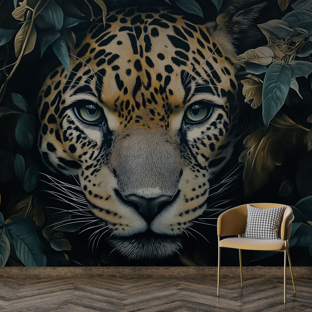Mural Wallpaper Leopard | Majestic face of a leopard surrounded by lus ...