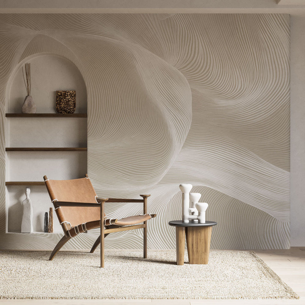 Mural Wallpaper fluid-lines | Elegant pattern of wavy lines on beige b ...