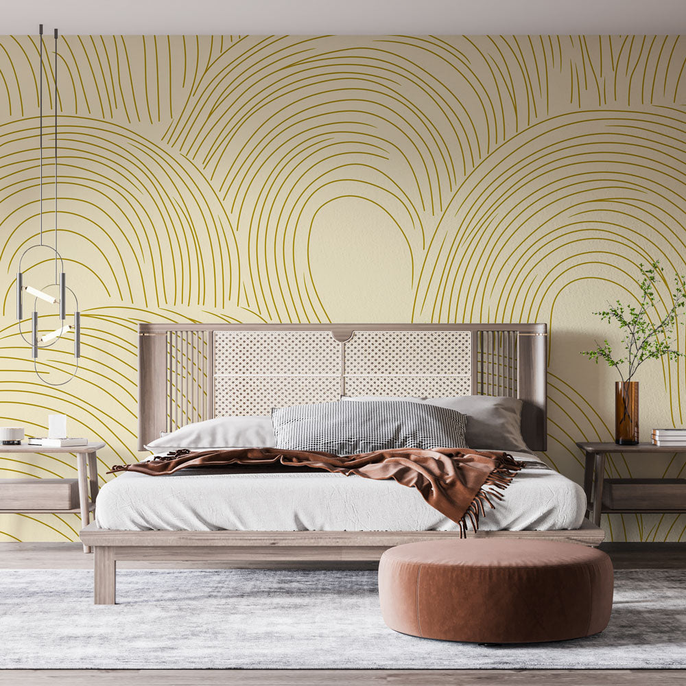 Mural Wallpaper wavy lines | Contemporary design in gold and beige ...