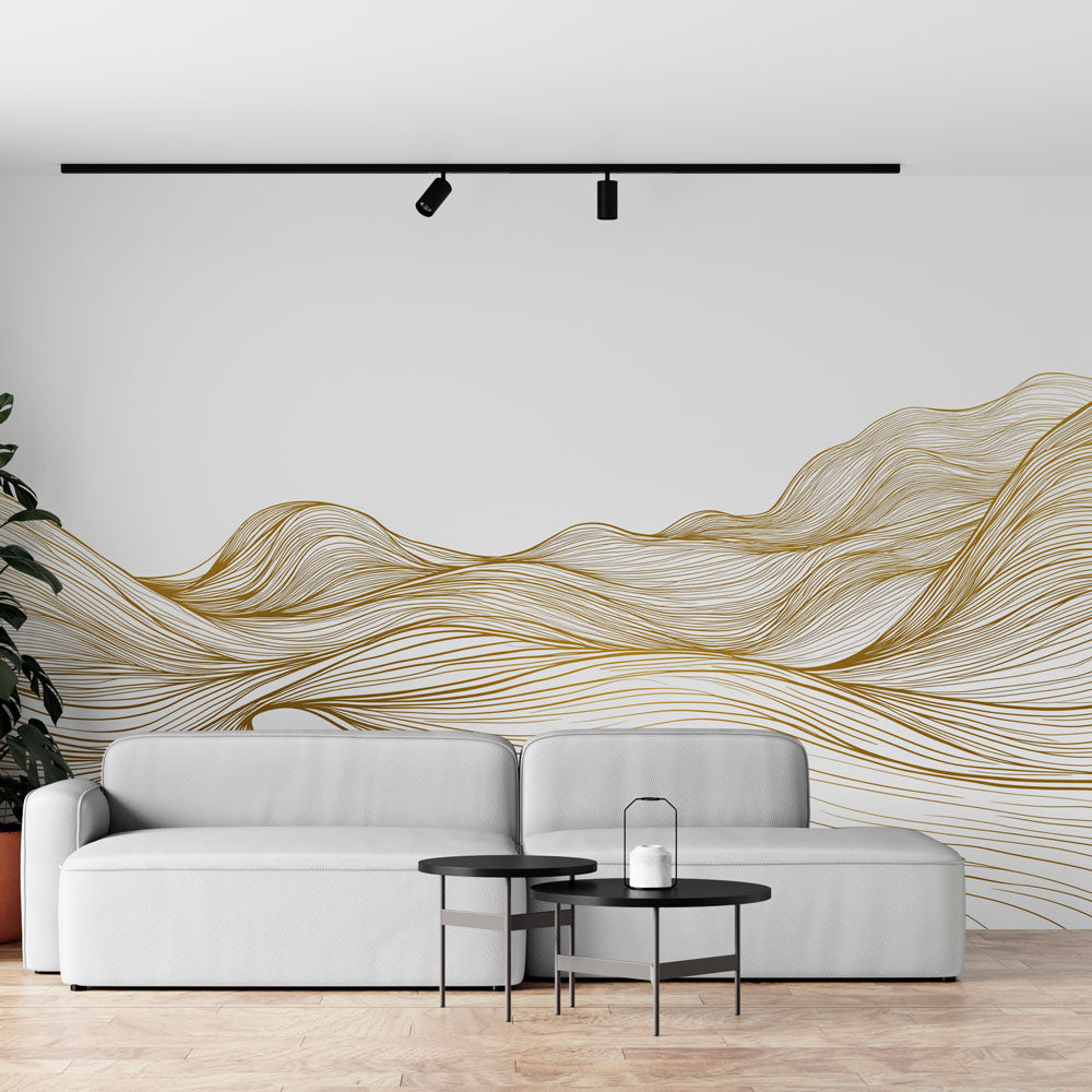 Mural Wallpaper wavy lines | Elegant pattern of golden waves on a whit ...