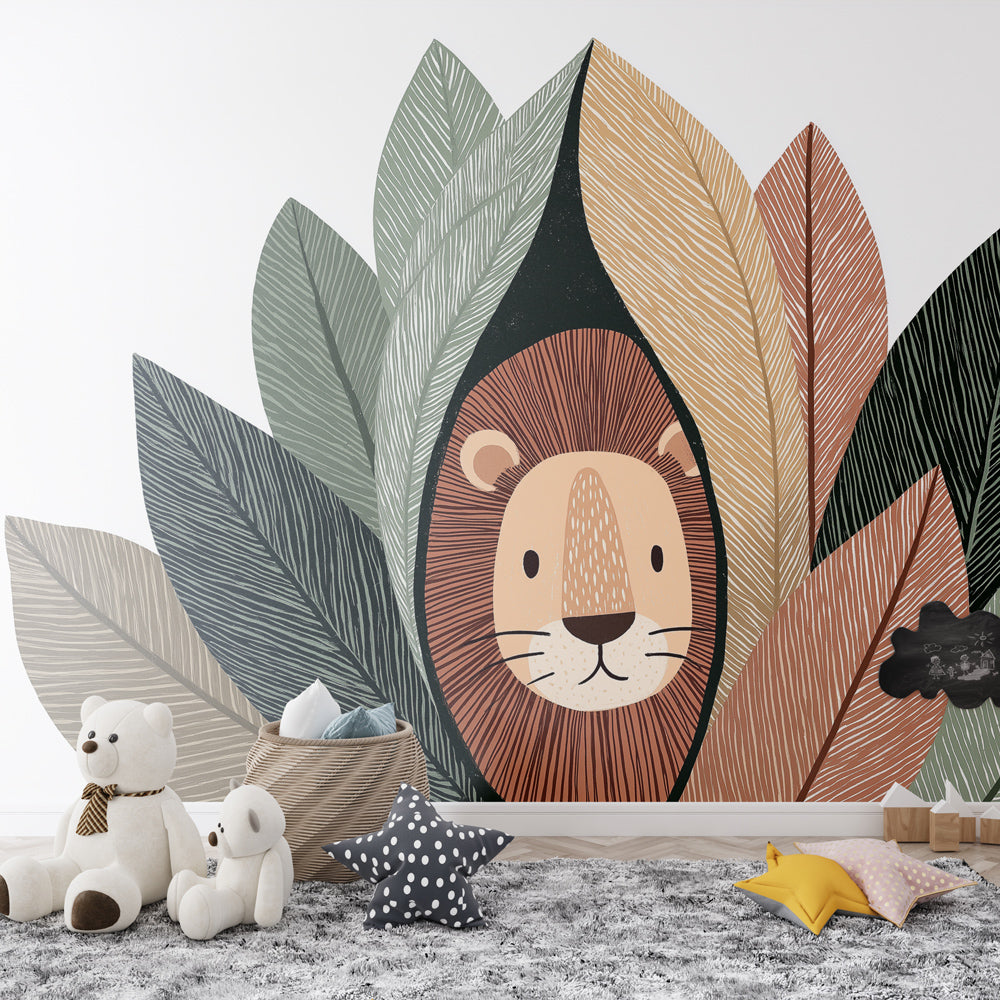 Papel pintado león y hojas | Un león amigable rodeado de hojas estiliz ...