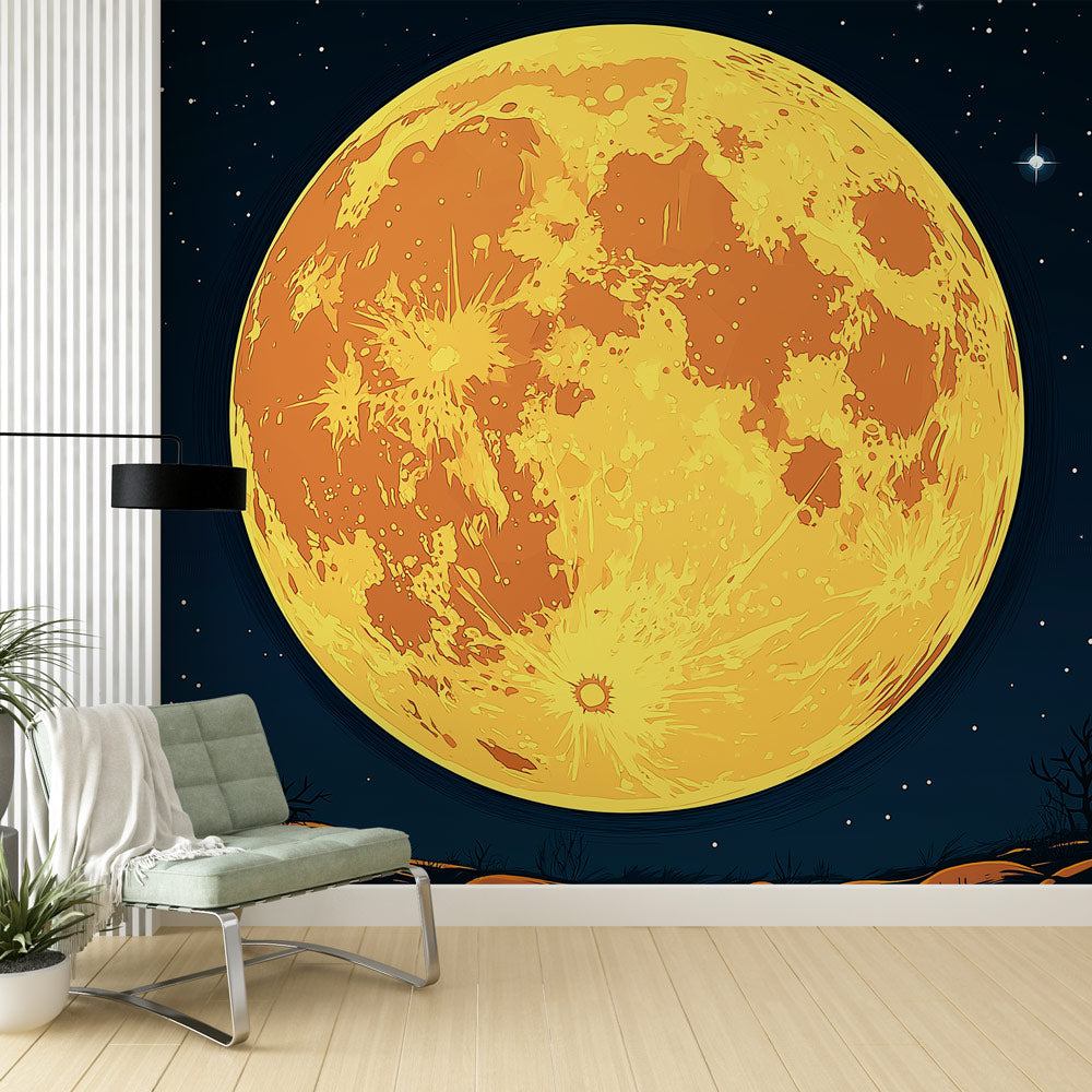 Mural Wallpaper golden moon | Bright full moon on a starry background ...