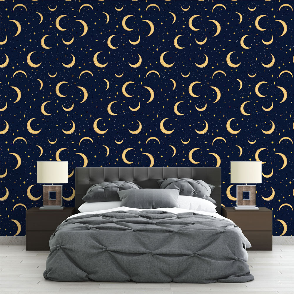 Mural Wallpaper moon and stars | Golden moon pattern on a midnight blu ...
