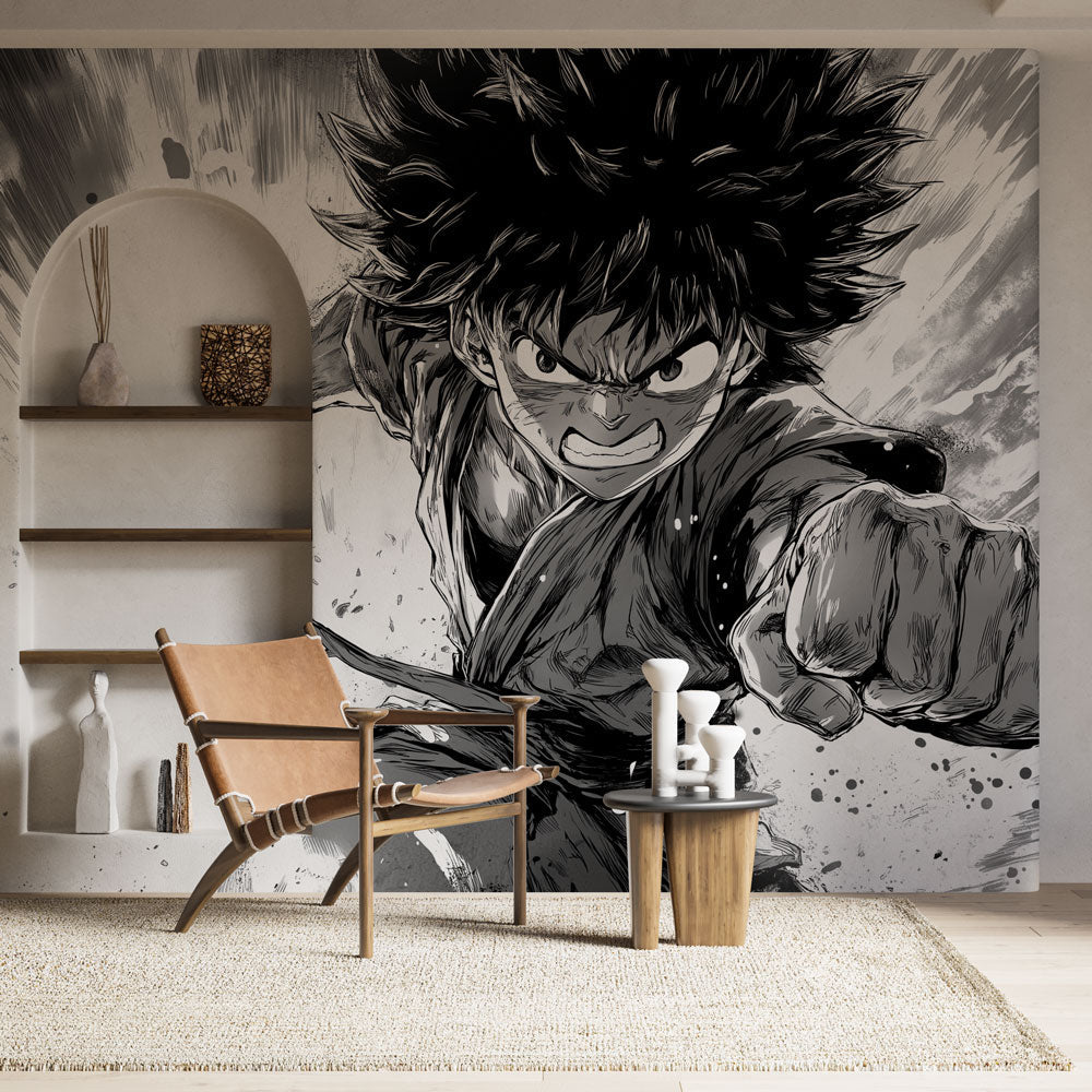 Mural Wallpaper manga | Young hero with raised fist and explosive ener ...