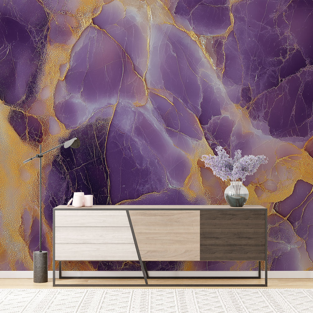 Mural Wallpaper violet marble | Violet marble pattern with golden vein ...
