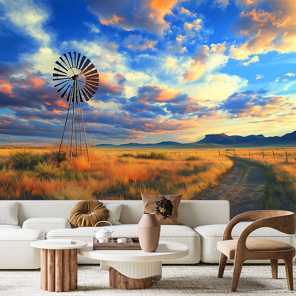 Mural Wallpaper windmill | Prairie landscape under a sky — WonderMural