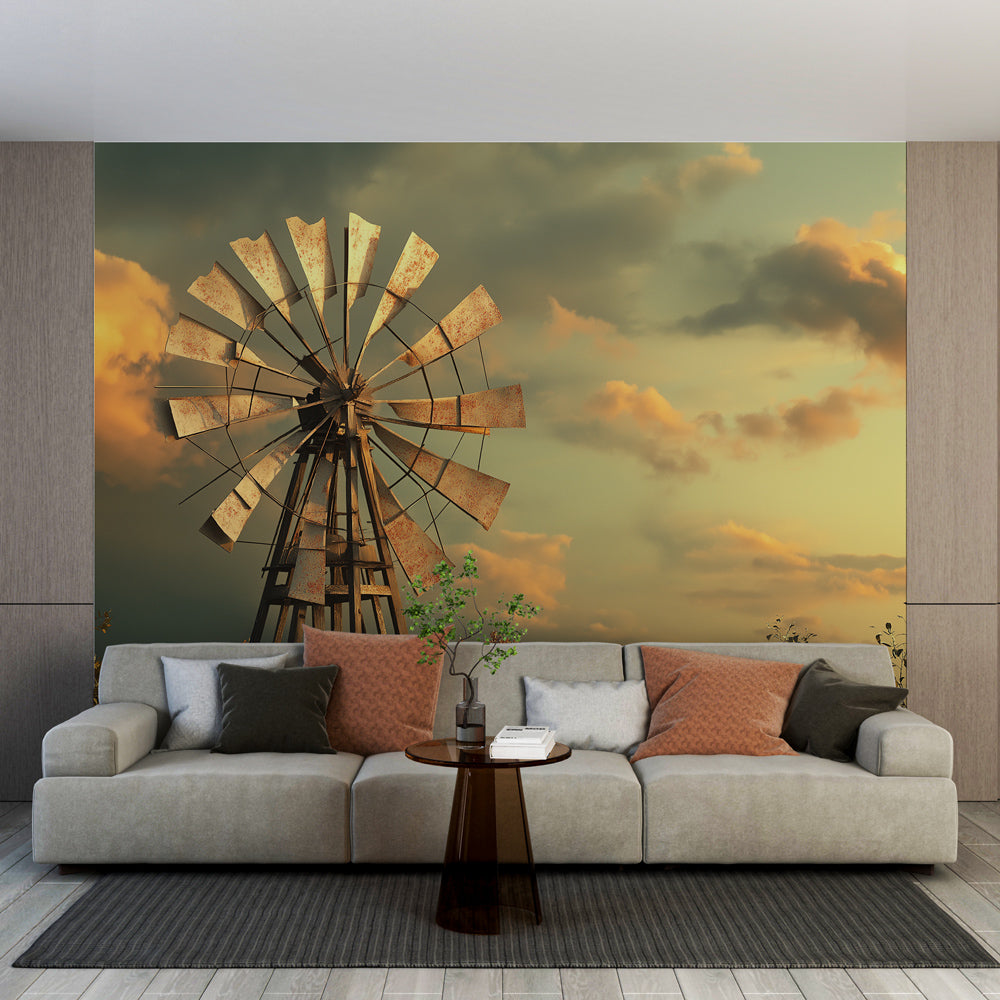 Mural Wallpaper windmill | A bucolic scene with a windmill under a gol ...