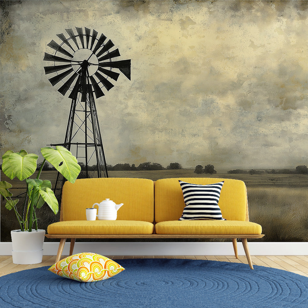 Mural Wallpaper mill | Rustic windmill on golden background — WonderMural
