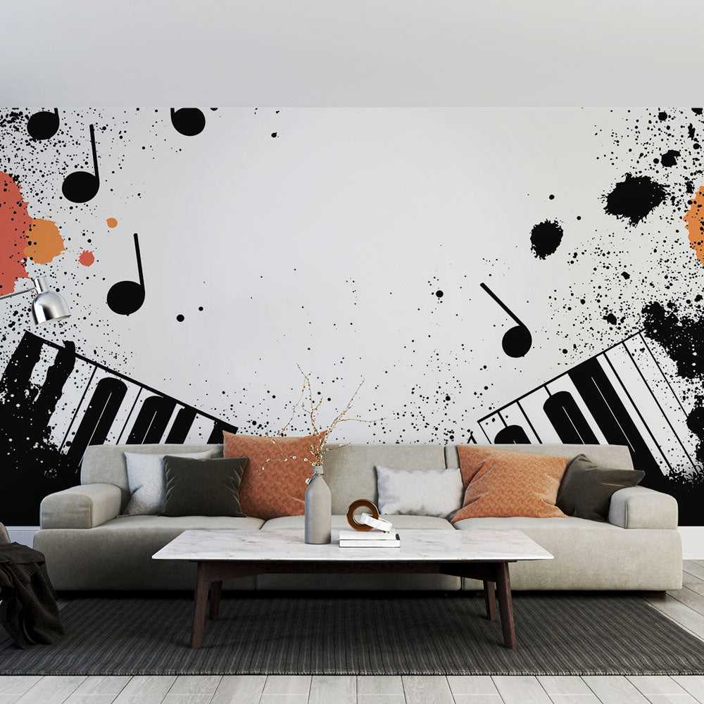 Mural Wallpaper musical | Piano patterns and notes on a splattered bac ...