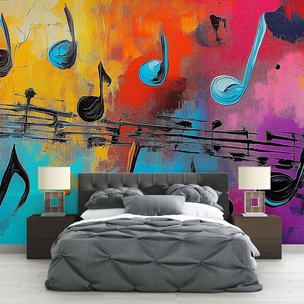 Mural Wallpaper musical | Colorful music notes on a vibrant background ...